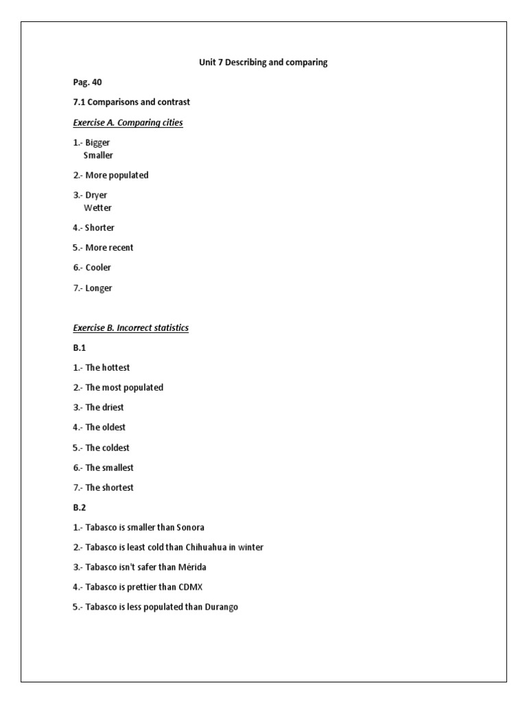 Exercise A. Comparing Cities: Unit 7 Describing and Comparing Pag. 40 7.1 Comparisons and ...