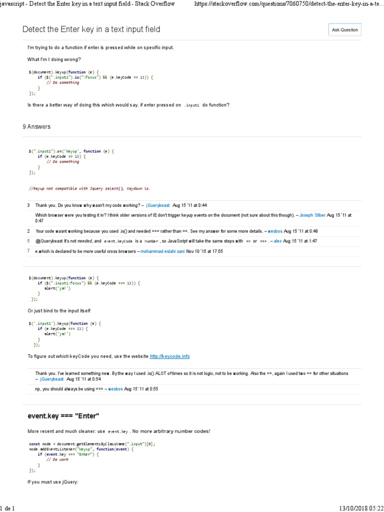 Javascript Detectar La Tecla Enter En Text Input Field Pdf Java Script Software Engineering