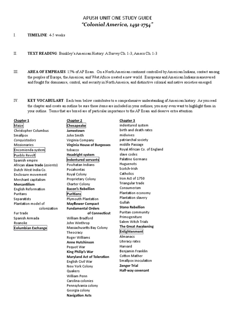 "Colonial America, 1491-1754": Apush Unit One Study Guide | PDF ...
