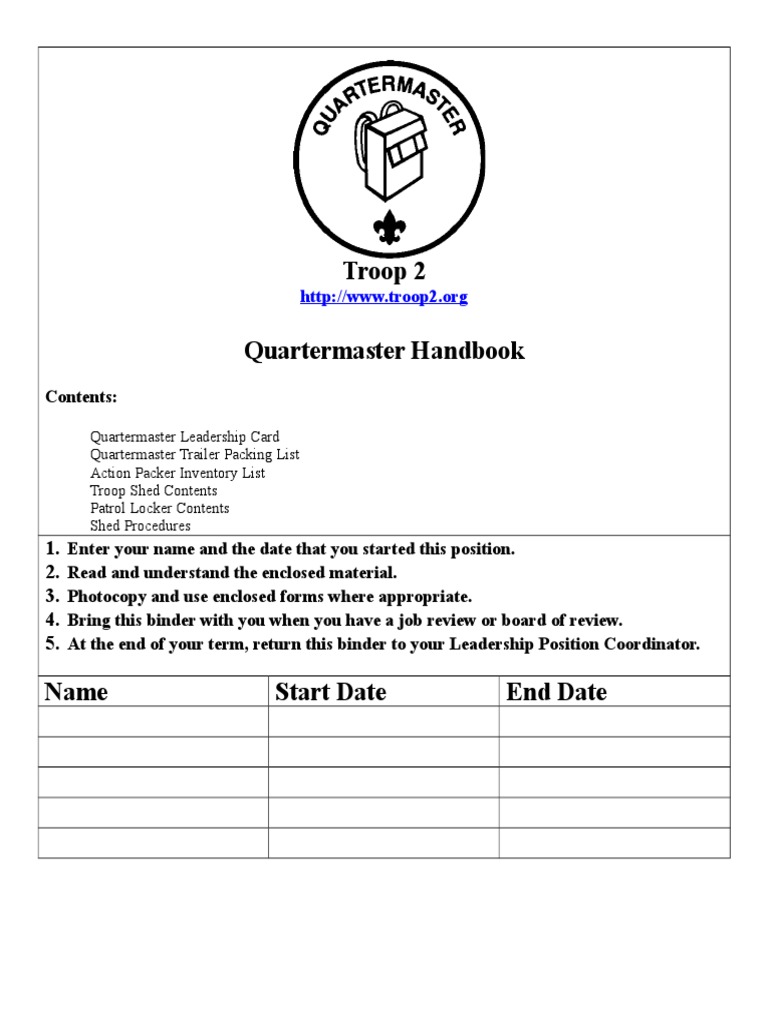 Troop Quartermaster Handbook | PDF | Quartermaster | Cookware And Bakeware