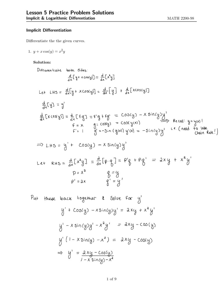 M2200-98 Lesson 05 - Notes - Implicit and Log Differentiation | PDF