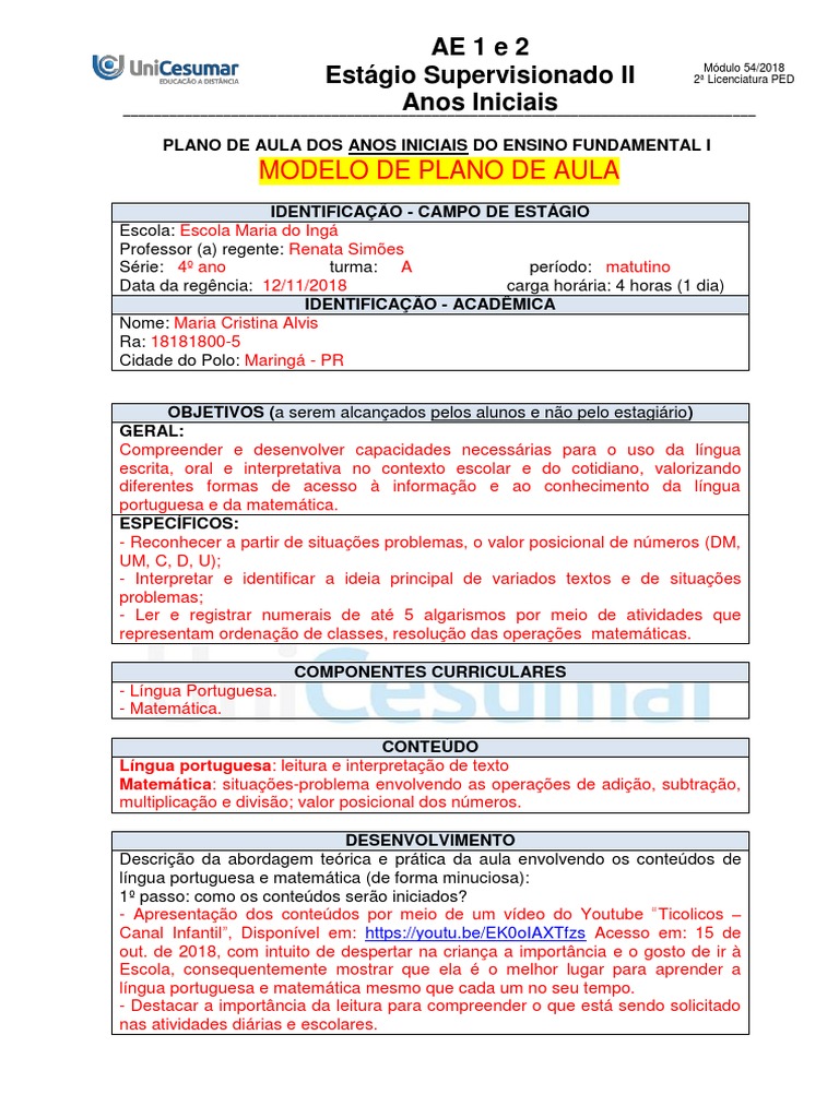 MODELO Plano de Aula-unicasumar | Portugal | Física e matemática