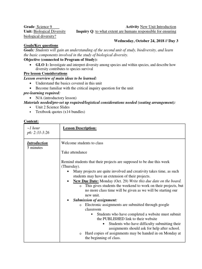 Grade: Science 9 Unit: Biological Diversity Wednesday, October 24, 2018 ...