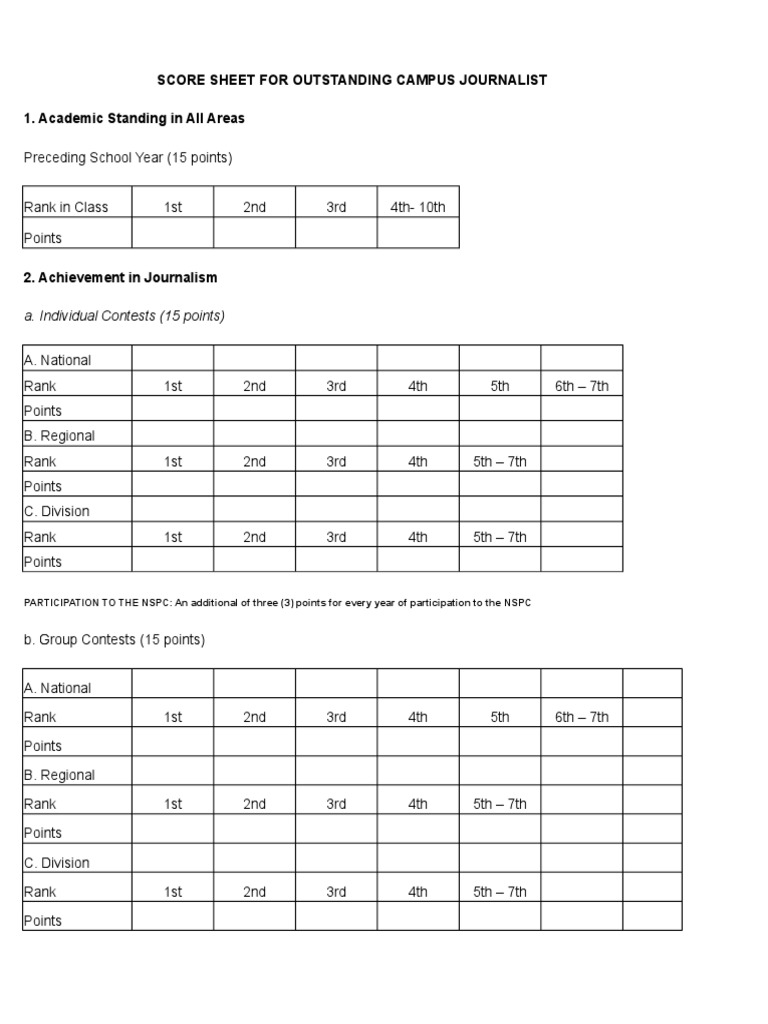 Score Sheet For Outstanding Campus Journalist 1. Academic Standing in ...