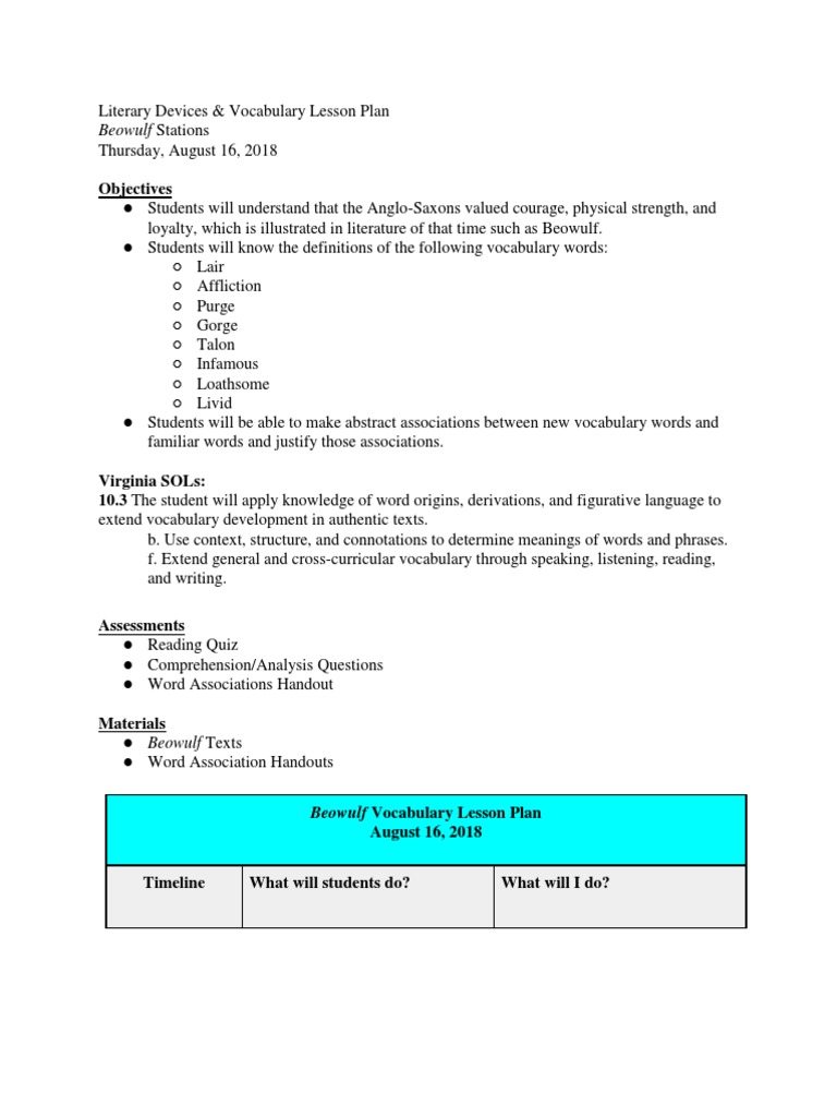 tp18 Beowulf Vocabulary Lesson Plan | PDF | Beowulf | Reading Comprehension
