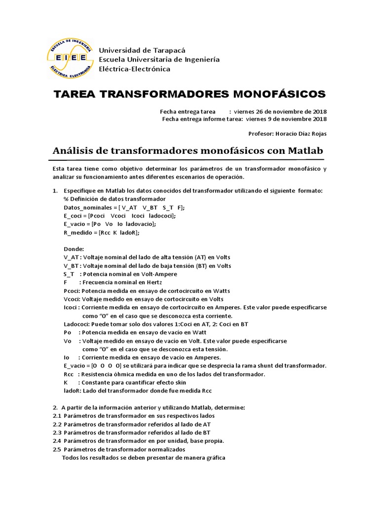 Tarea Matlab Transformadores Monofasicos | PDF | Energia electrica | Transformador
