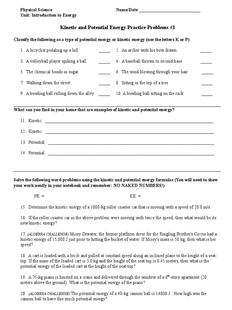 Kinetic and Potential Energy Practice Problems | PDF | Kinetic Energy ...