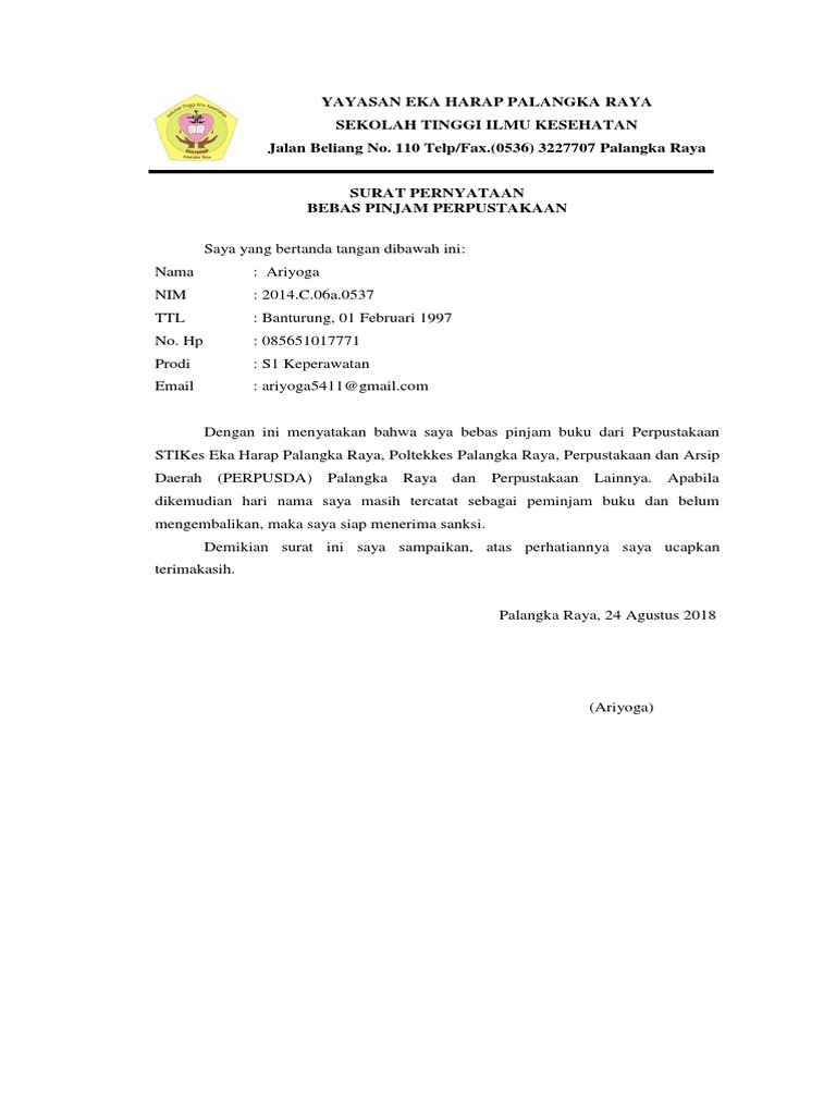 Surat Pernyataan Bebas Pinjam Perpustakaan | PDF