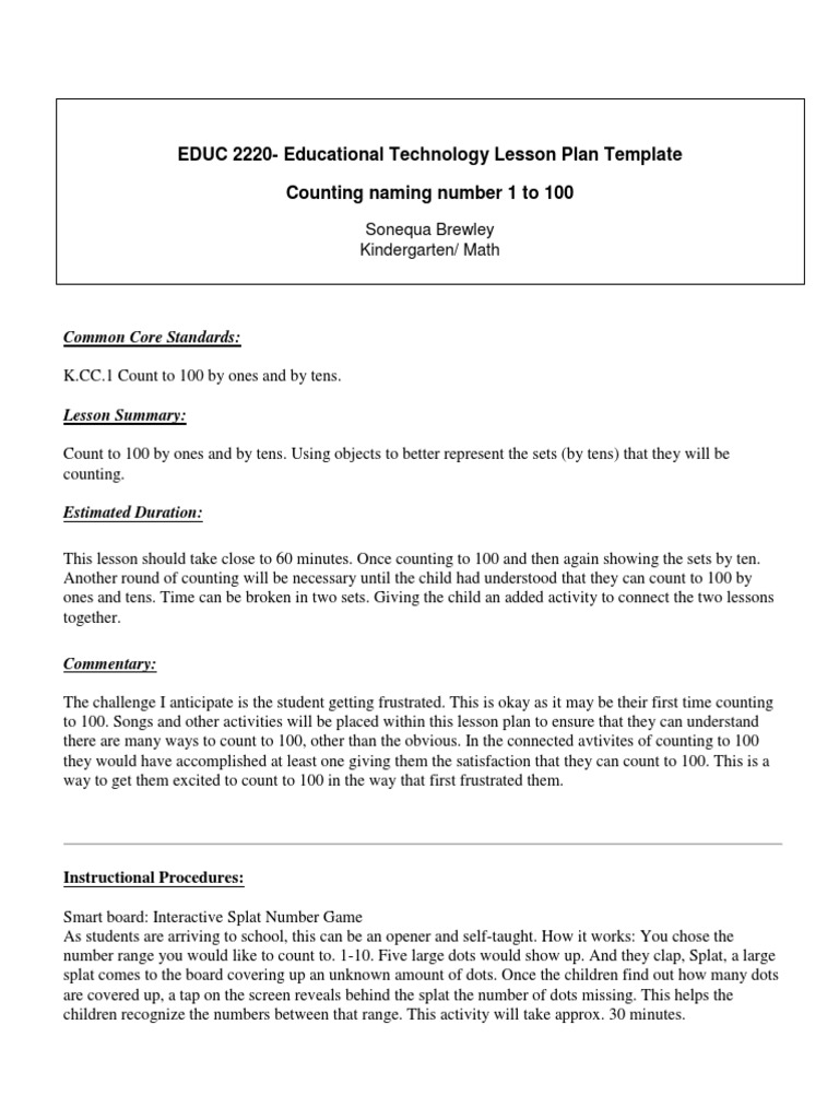 EDUC 2220-Educational Technology Lesson Plan Template Counting Naming Number 1 To 100 | Download ...