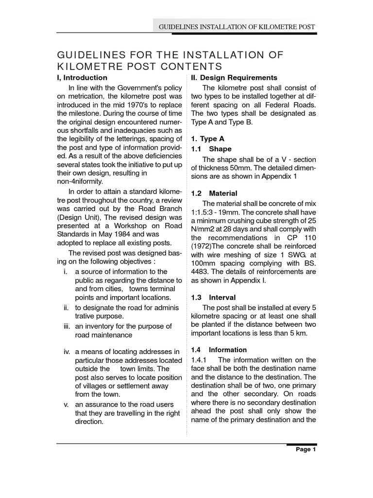 Guidelines For The Installation of Kilometre Post Contents PDF | PDF ...