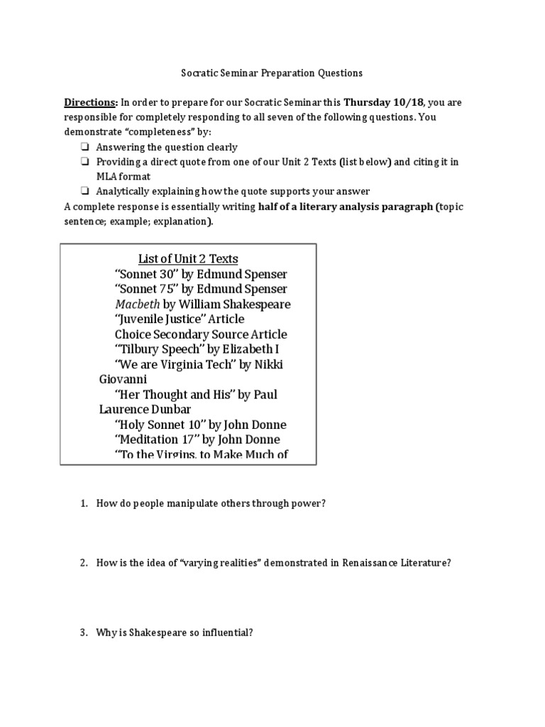 Socratic Seminar Prep Questions Guide | PDF | General Fiction