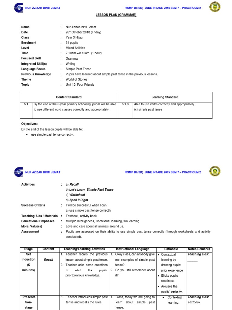 Grammar Lesson Plan Year 3 | PDF | Lesson Plan | Grammatical Tense