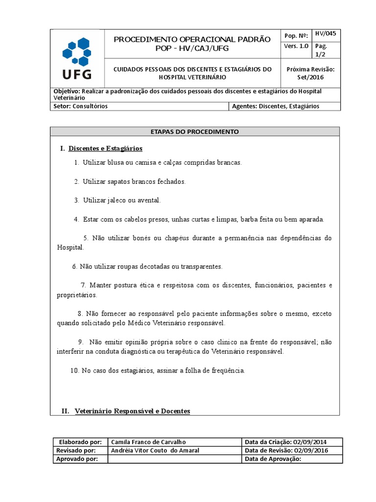 Procedimento Operacional Padrão Pop - Hv/Caj/Ufg | Hospital | Ciências ...