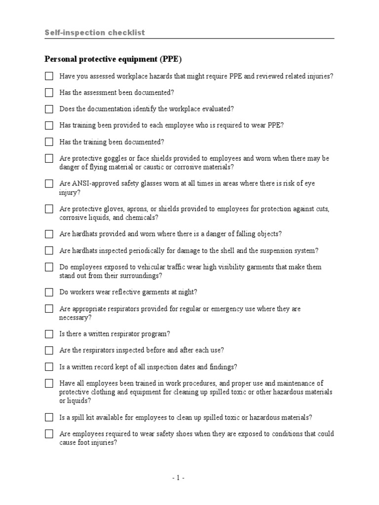 Personal Protective Equipment (PPE) : Self-Inspection Checklist | PDF