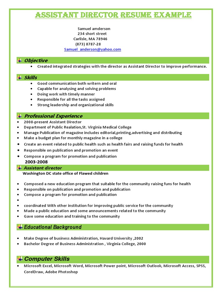 Assistant Director Resume Example: Objective Skills | PDF