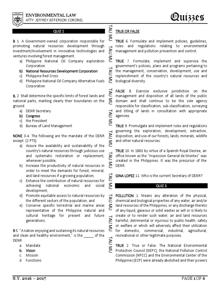 Quizzes: Quiz 1 | PDF | Waste Management | Environmental Law