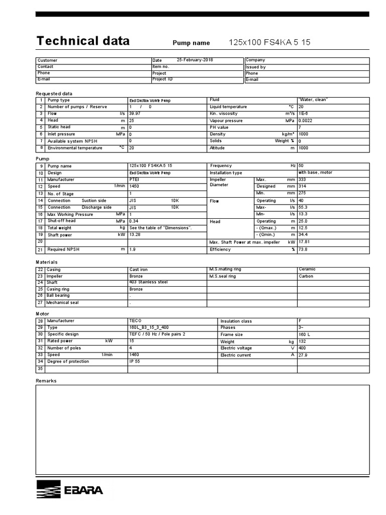 Technical Data for 125x100 FS4KA Pump | PDF | Pump | Pressure