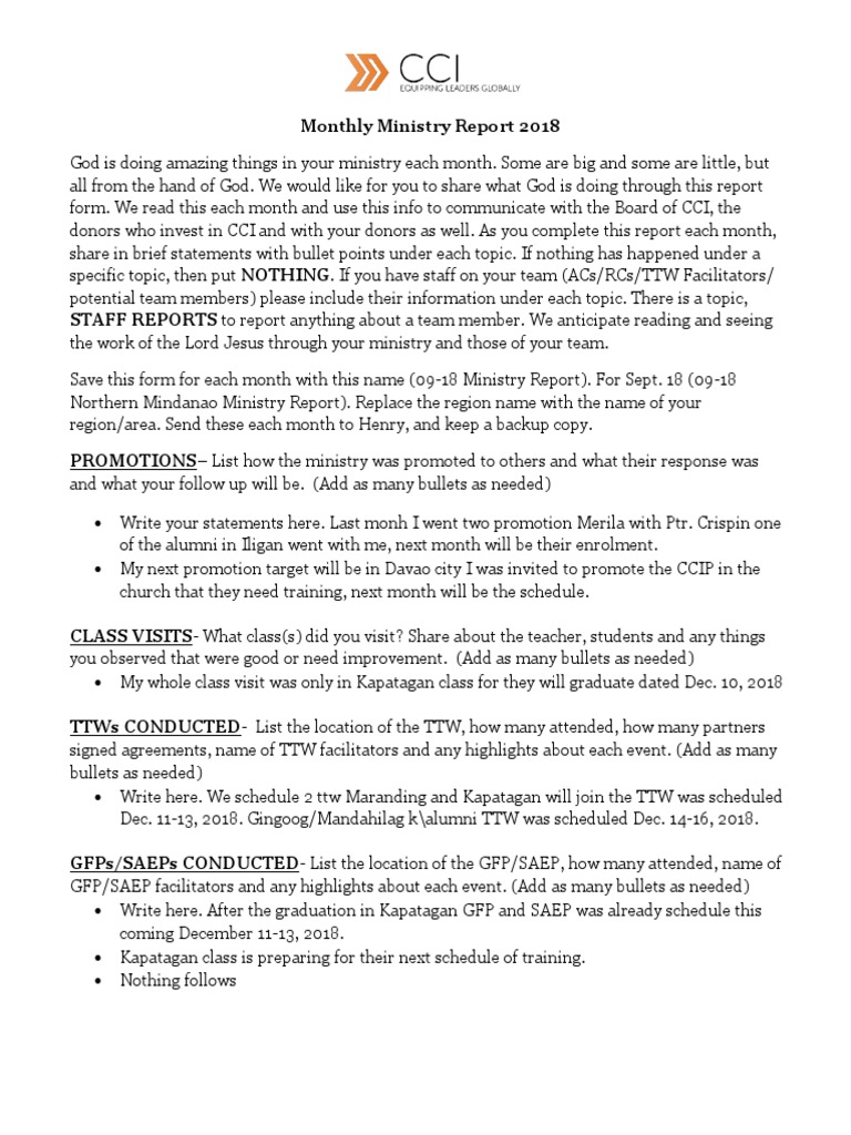 Ministry Report For Nov. 2018 | PDF