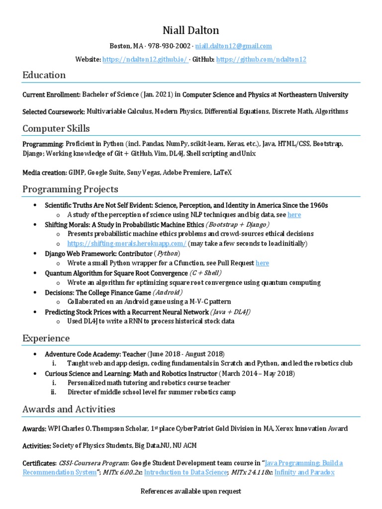 Resume Niall Dalton E4 | PDF | Python (Programming Language) | Science