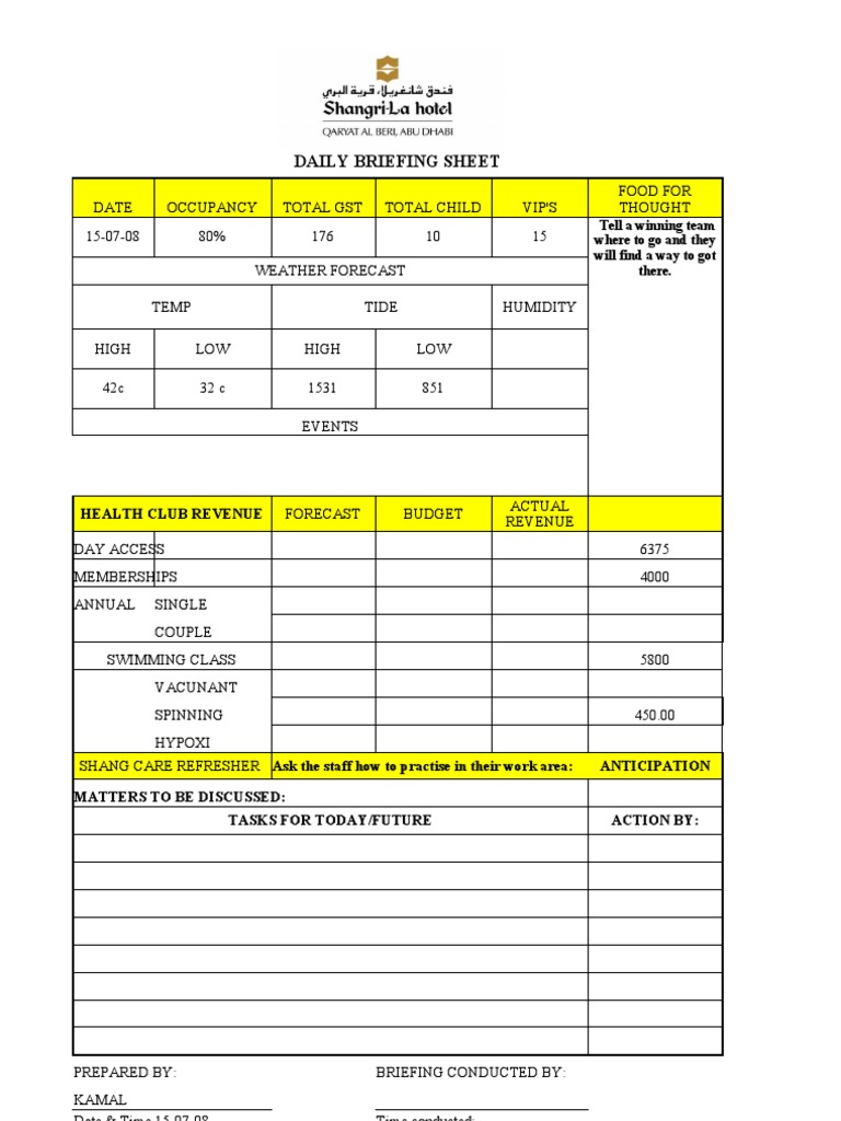 Daily Briefing Sheet | PDF | Physical Exercise | Recreation