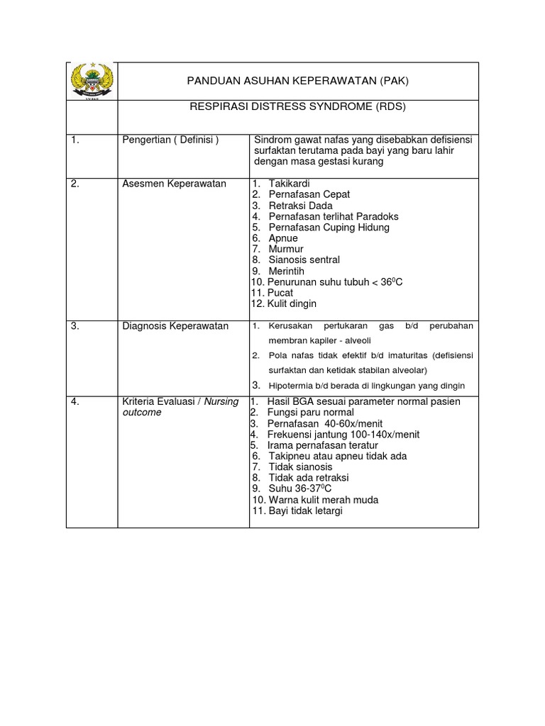 Panduan Asuhan Keperawatan Rds | PDF