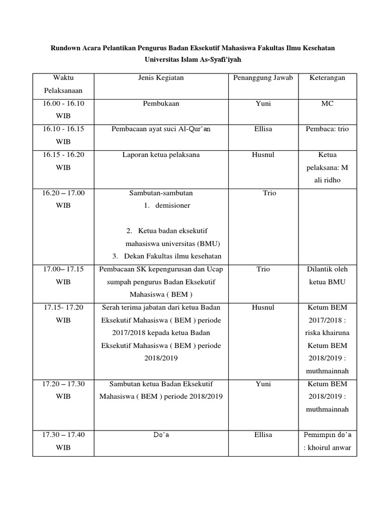 RUNDOWN Pelantikan BEMfikes | PDF