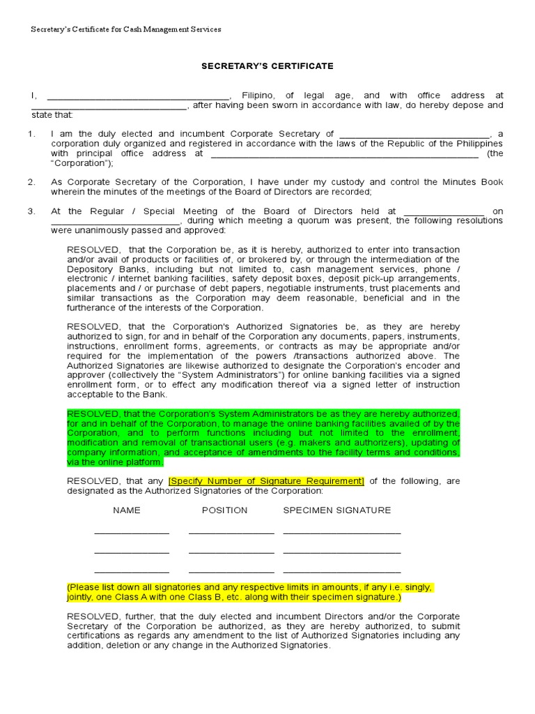 Sample Bank Sec Cert (Cash Management) | PDF | Signature | Corporations