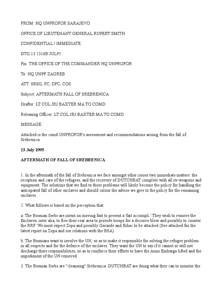 UNPROFOR's Assessment of The Fall of Srebrenica by General Rupert Smith ...