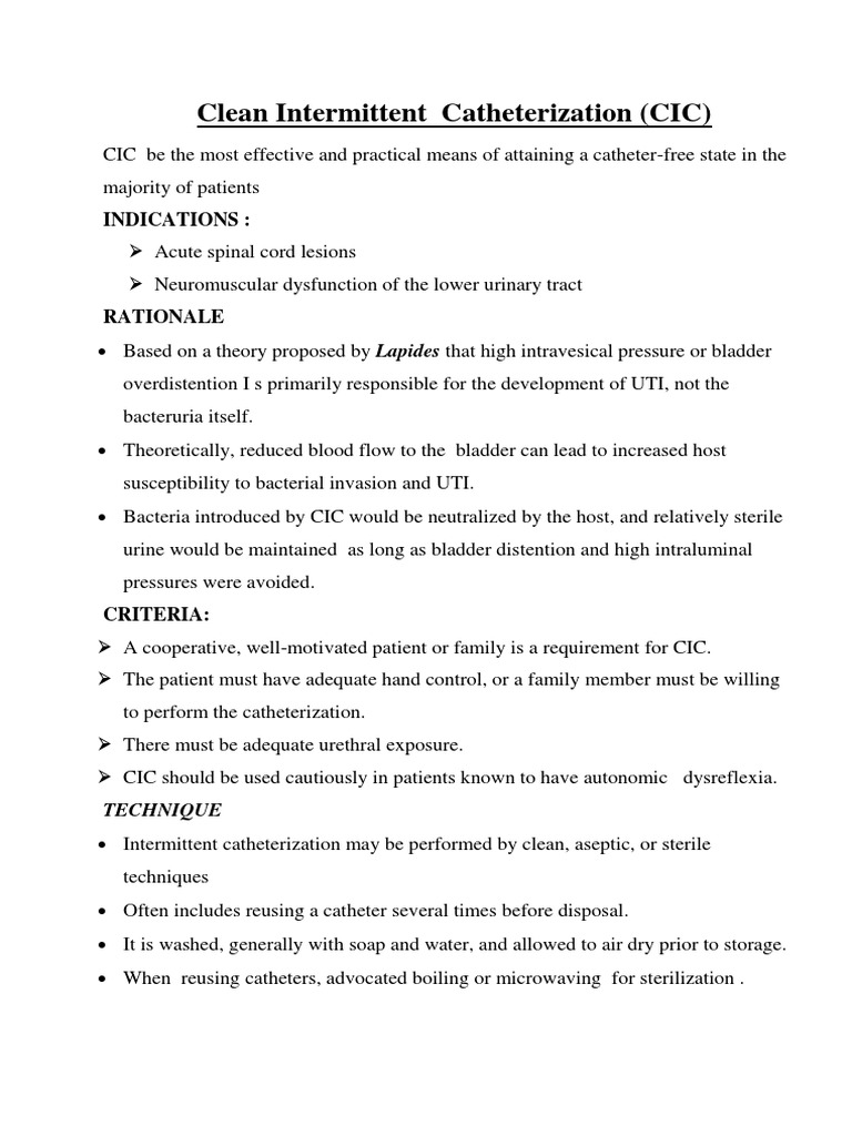 Clean Intermittent Catheterization (CIC) : Indications | PDF | Urinary ...