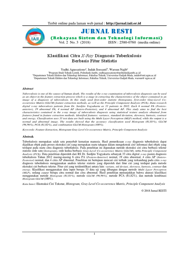 Klasifikasi Citra X-Ray Diagnosis Tuberkulosis Berbasis Fitur Statistis ...