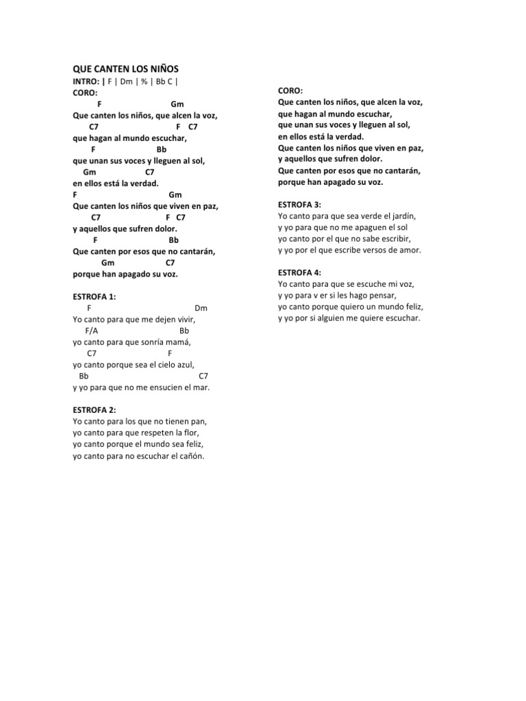 Que canten los niños acordes canción