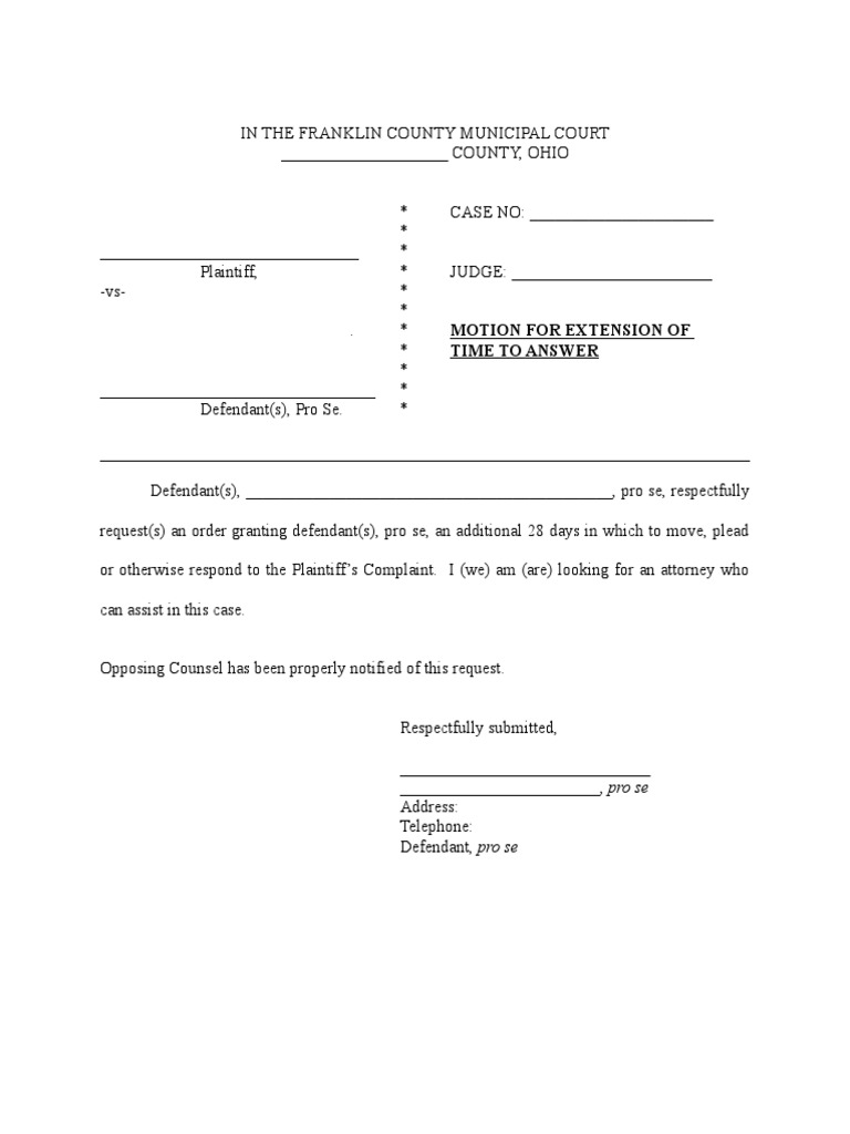 Motion For Extension of Time To Answer | PDF | Pro Se Legal ...