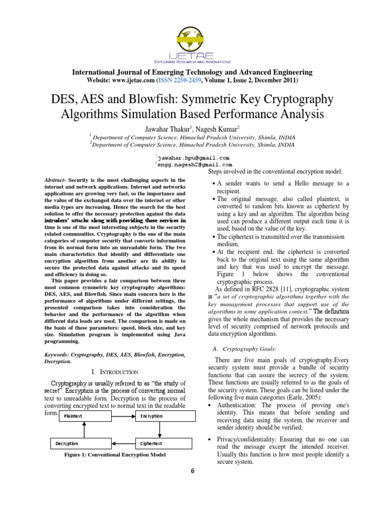 Performance Analysis Of Symmetric Key Cryptography Algorithms A Comparison Of Des Aes And