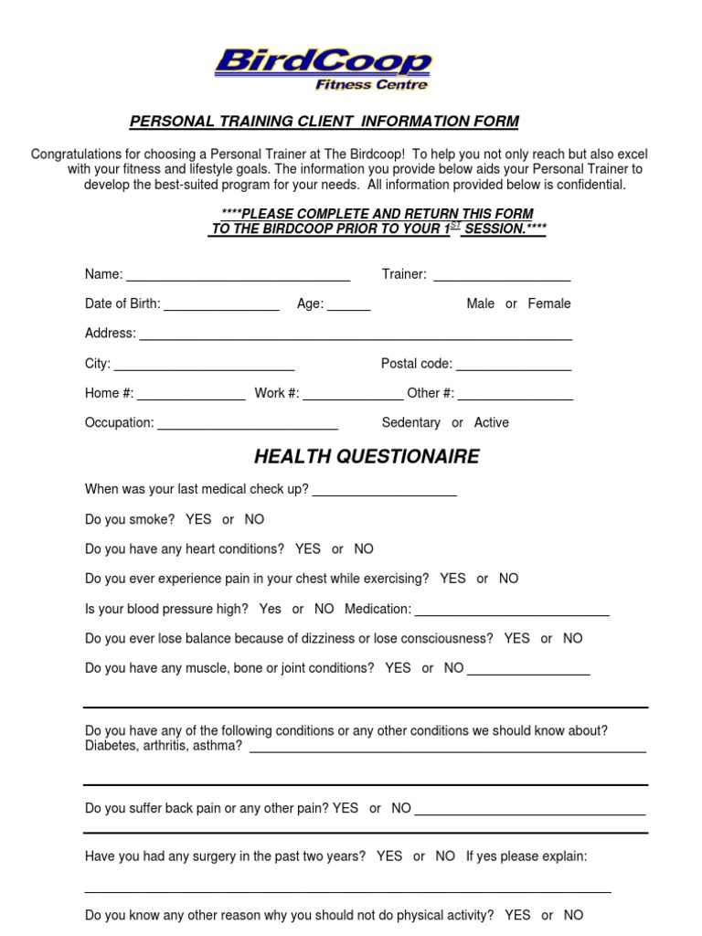 Client Info Form | PDF | Personal Trainer | Physical Fitness