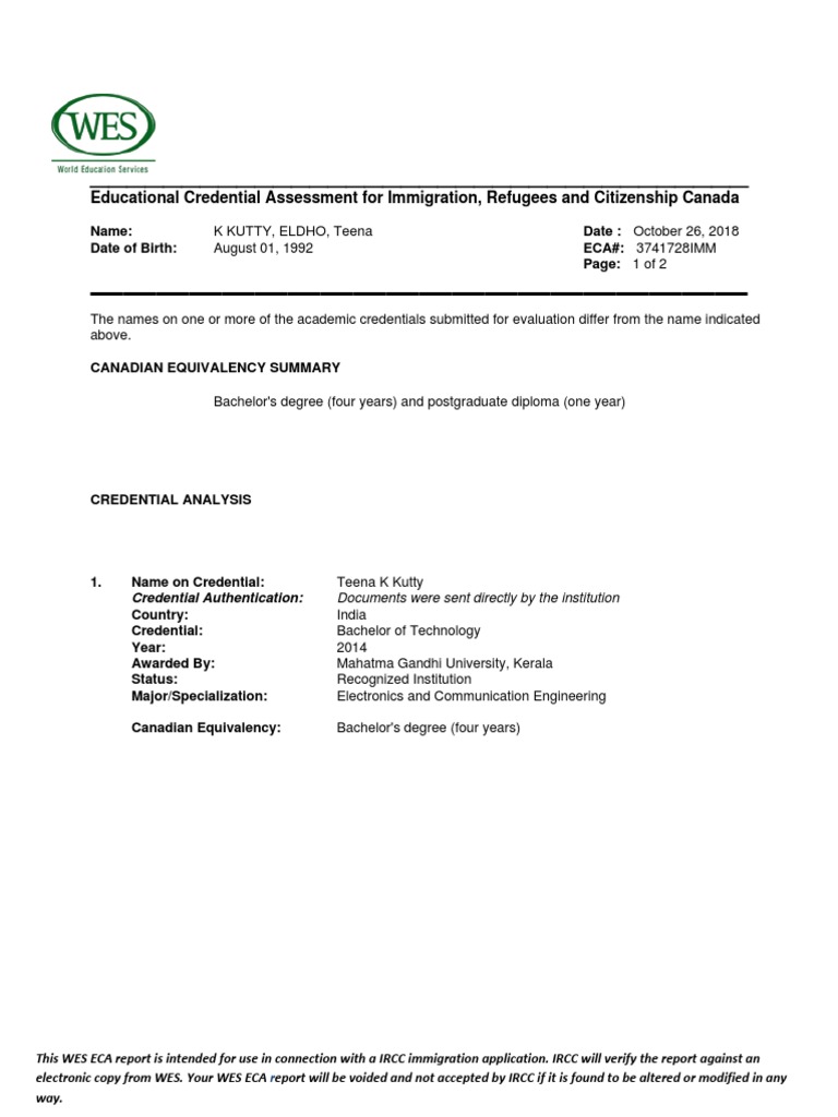 WES ECA Report for Teena K Kutty | PDF | Diploma | Academic Degree