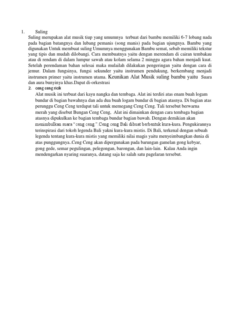 Keunikan Alat Musik Suling Bambu Yaitu: 2. Ceng Ceng Ricik | PDF | Seni