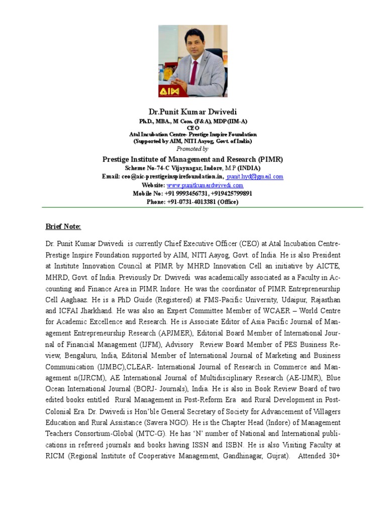 CV-DR - Punit Kumar Dwivedi 05 Dec.2018 | PDF | Entrepreneurship | Economies