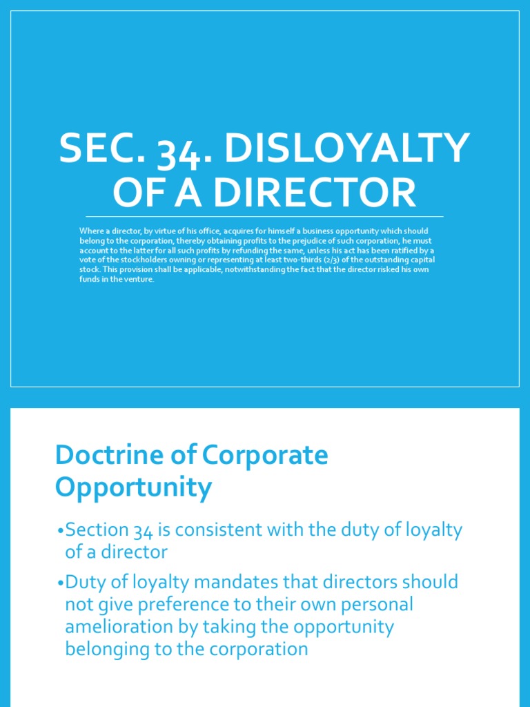 Sec. 34. Disloyalty of A Director | PDF | Corporations | Interest
