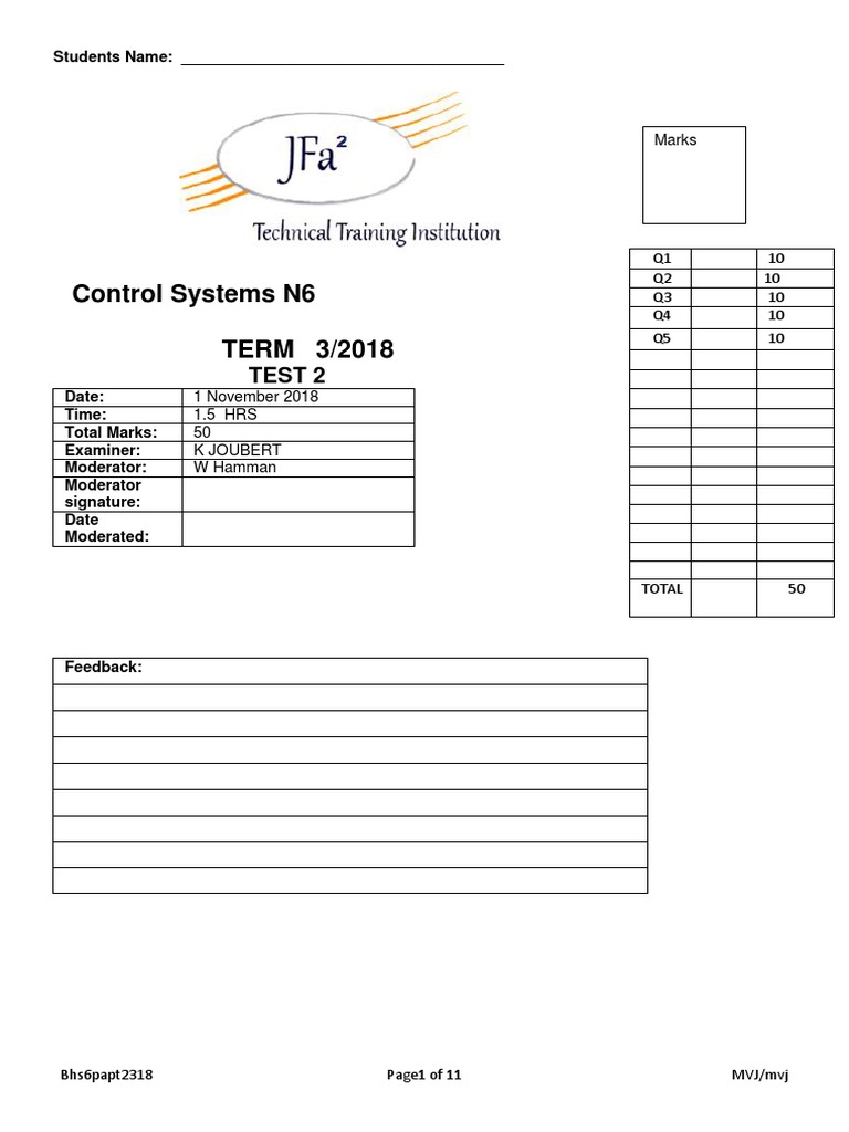 Control Systems N6 TERM 3/2018: Test 2 | PDF | Electrical Engineering ...