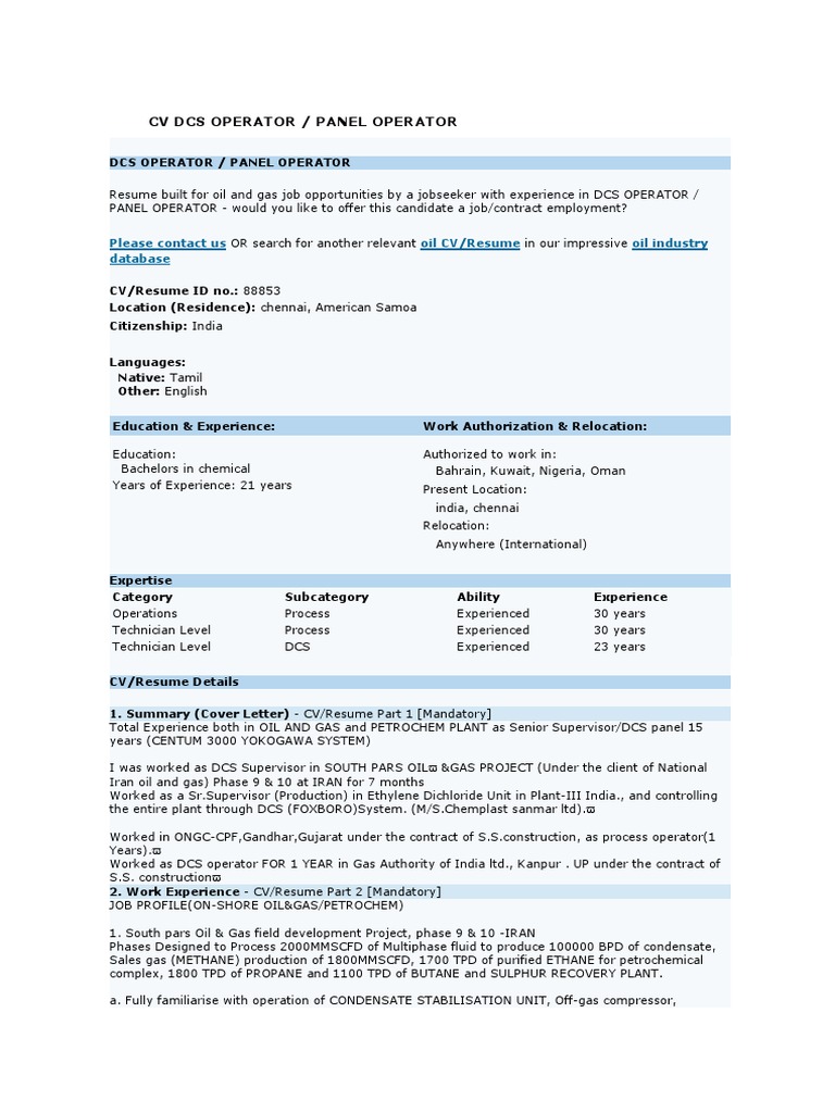 CV Dcs Operator / Panel Operator: Please Contact Us Oil CV/Resume Oil ...