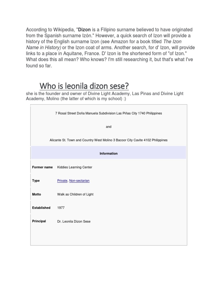 Who Is Leonila Dizon Sese?: The Izon Name in History) | PDF