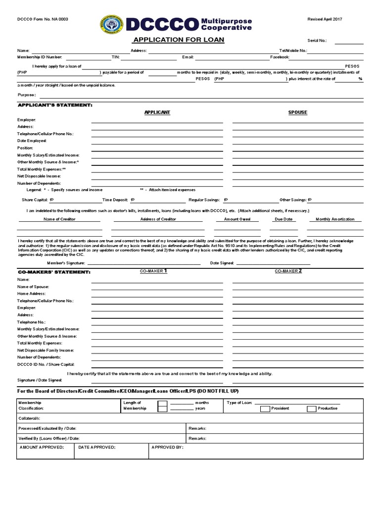 DCCCO LOAN FORM | Promissory Note | Loans