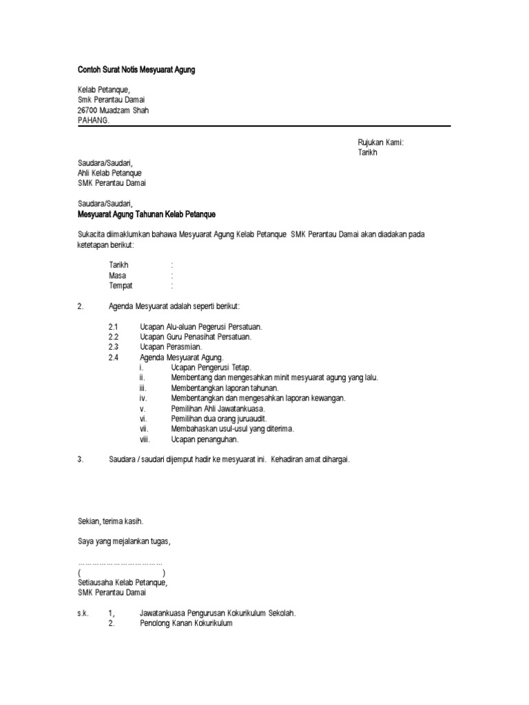 Contoh Surat Notis Mesyuarat Agung | PDF