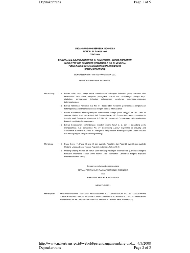 Undang-Undang No.21 Tahun 2003 Tentang Pengawasan Ketenagakerjaan Dalam Industri Dan Perdagangan ...