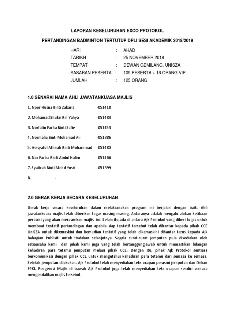 Laporan Keseluruhan Exco Protokol | PDF