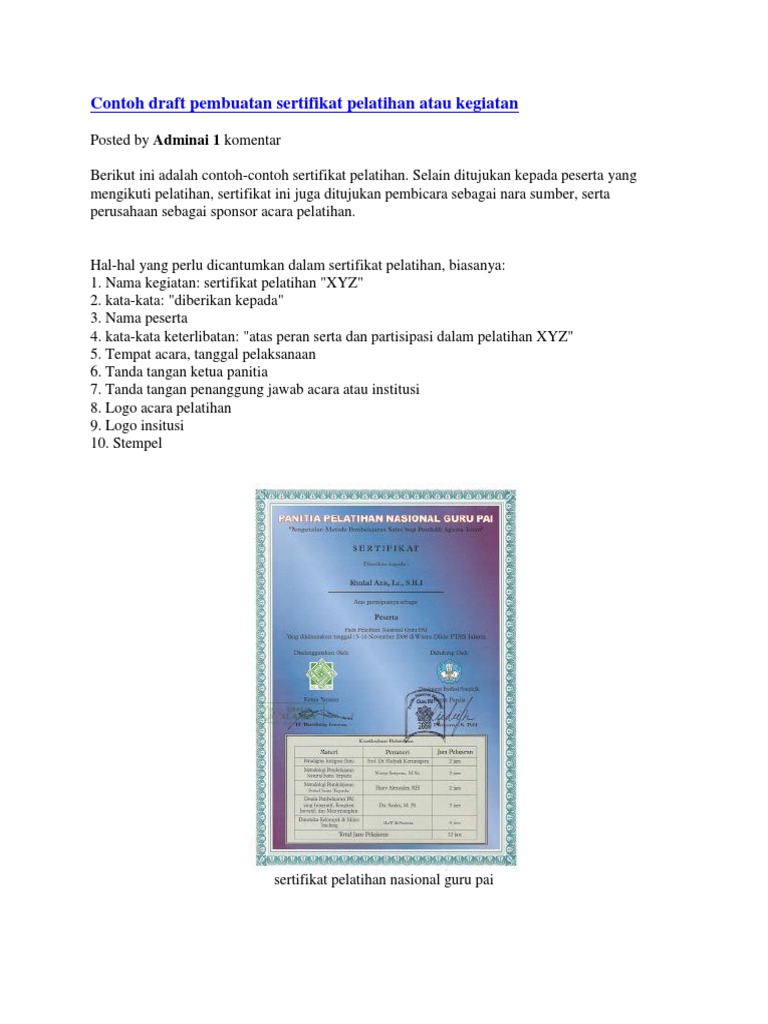 Contoh Draft Pembuatan Sertifikat Pelatihan Atau Kegiatan | PDF