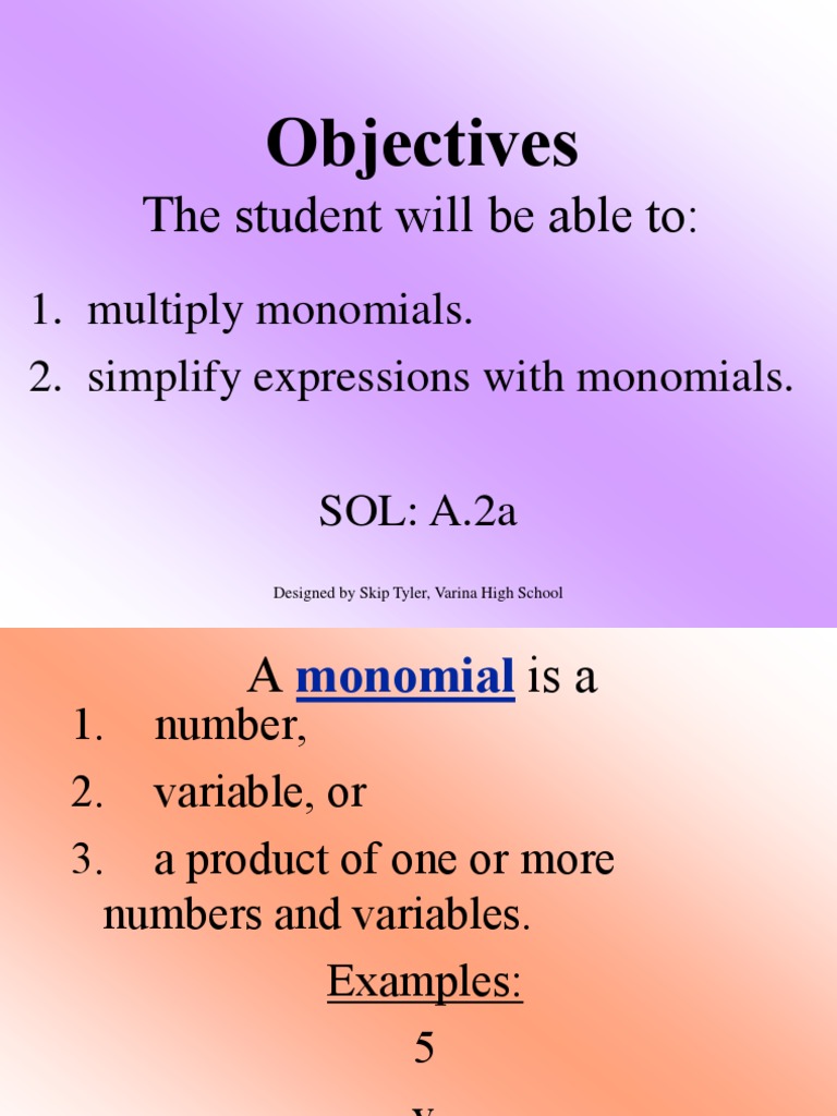 Multiplying and Simplifying Monomials: Rules and Examples | PDF