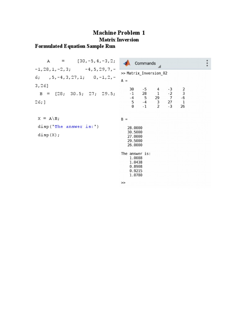 Machine Problem 1: Matrix Inversion Formulated Equation Sample Run ...
