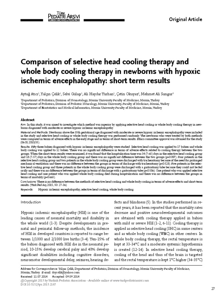 Comparison of Selective Head Cooling Therapy and Whole Body Cooling ...