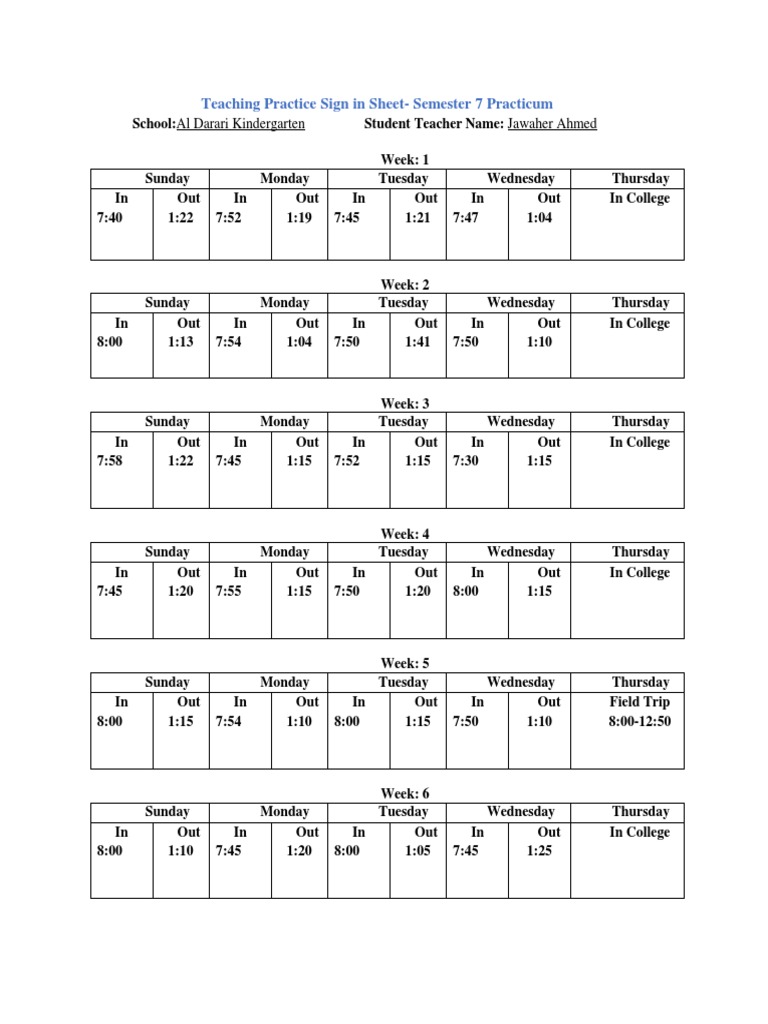 Teaching Practice Sign in Sheet | PDF